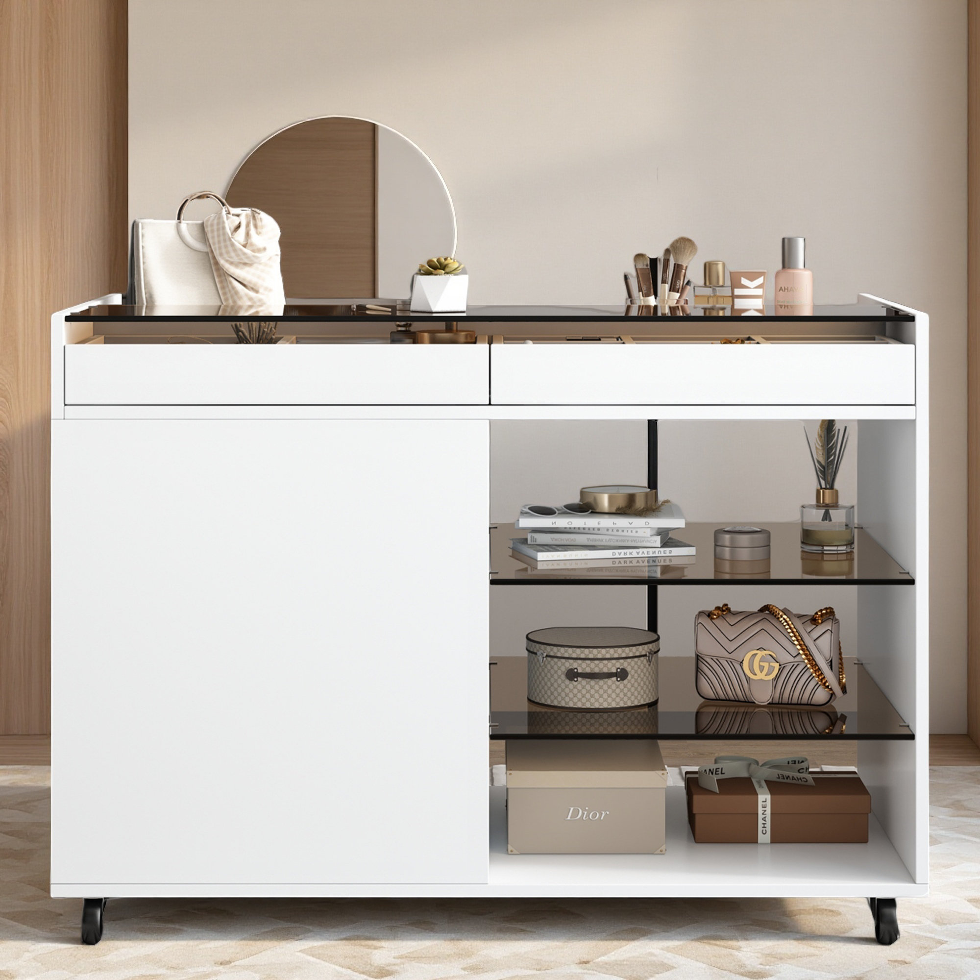 Latitude Run® 43.3" Multi-Functional Storage Island Movable Storage Cabinet Island Vanity ...